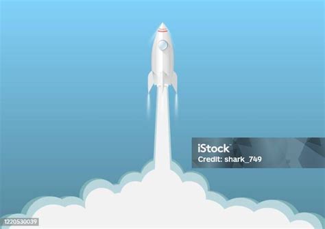 푸른 하늘 배경에 로켓 발사 비즈니스 혁신 스타트업 개념 벡터 일러스트 날아오름 활동에 대한 스톡 벡터 아트 및 기타 이미지 날아오름 활동 로켓 시작 Istock