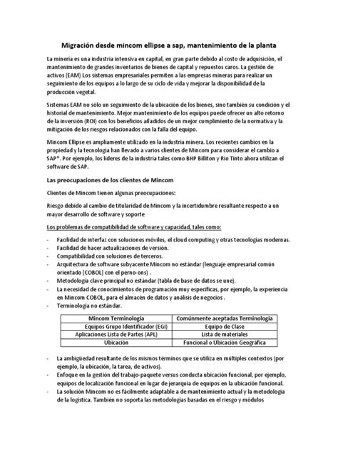 Migración Desde Mincom Ellipse A Sap Mantenimiento De La Planta Pdf Sap Se Minería