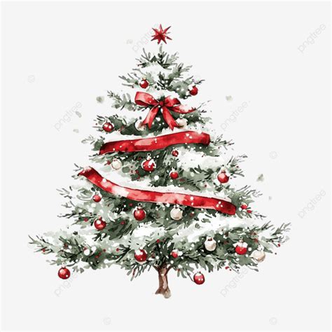 빨간 리본과 장식품이 있는 우아한 수채화 크리스마스 트리 크리스마스 트리 수채화 빨간 리본 Png 일러스트 및 이미지 에