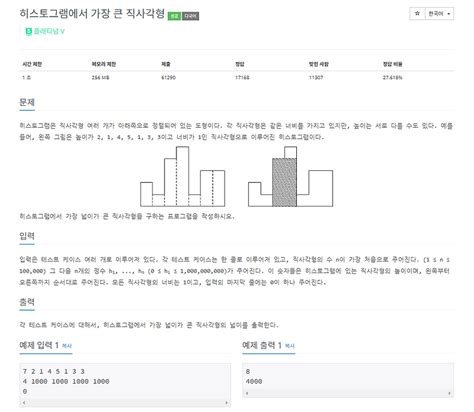 Baekjoon 백준 6549 히스토그램에서 가장 큰 직사각형플래티넘 5 Python Baekjoon 백준 6549 히스토그램에서 가장 큰 직사각형플래티넘 5 Python
