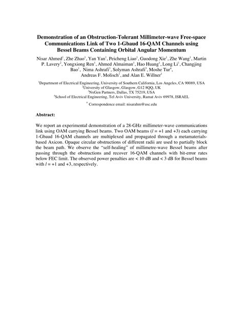 Pdf Demonstration Of An Obstruction Tolerant Millimeter Wave Free Space Communications Link Of