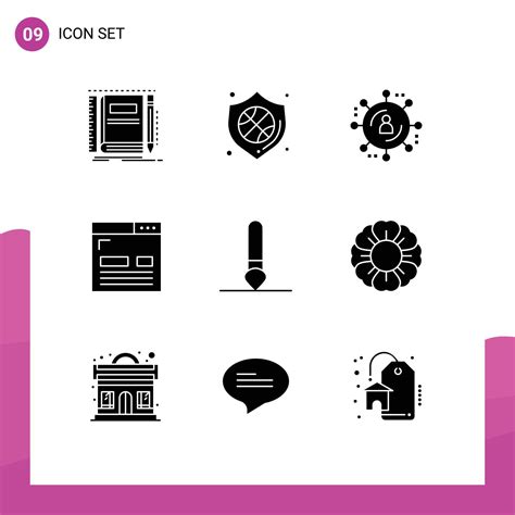 set of 9 vector solid glyphs on grid for brush layout badge development