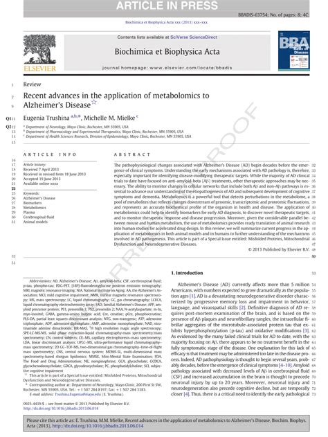 Pdf Recent Advances In The Application Of Metabolomics To Alzheimers Disease