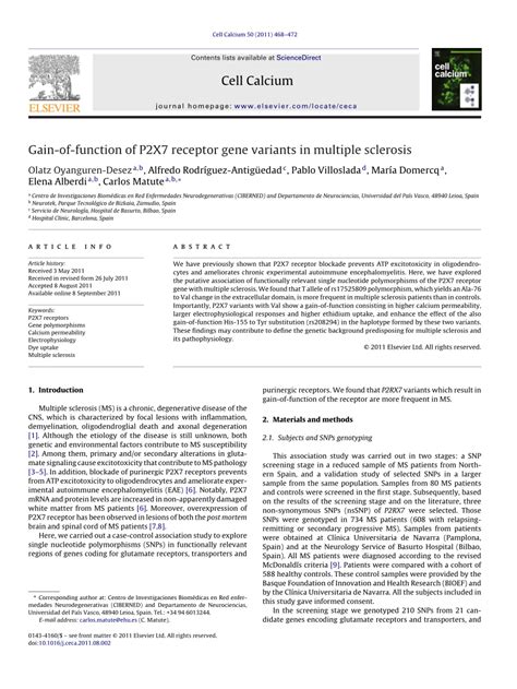 Pdf Gain Of Function Of P2x7 Receptor Gene Variants In Multiple Sclerosis