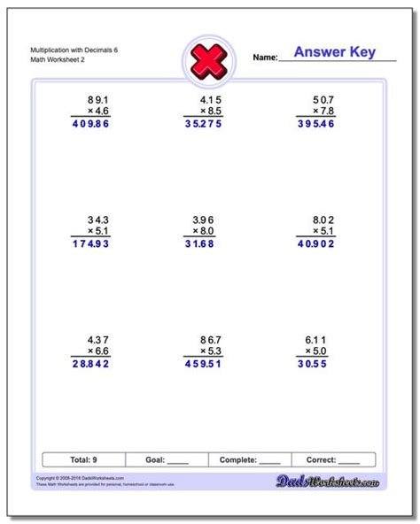 Estimating Decimal Multiplication Worksheets