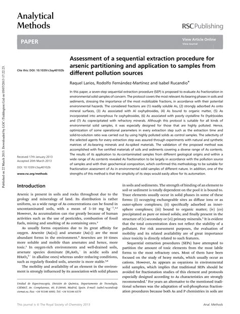 Pdf Assessment Of A Sequential Extraction Procedure For Arsenic Partitioning And Application