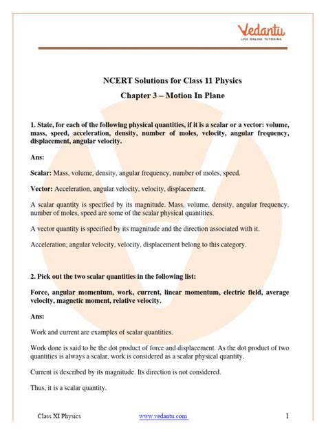 Ncert Solutions For Class 11 Physics Chapter 3 Motion In A Plane Pdf