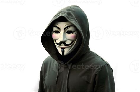 Hacker Man In Black Hoodie Wearing Vendetta Mask Hacker Anonymous Person Isolated On