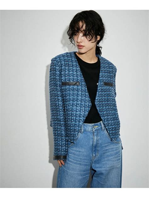 【楽天市場】【sale／50 Off】クロップドシングルツイードジャケット Adam Et Rope Femme アダムエロペ ジャケット・アウター ノーカラージャケット ブルー【rba E