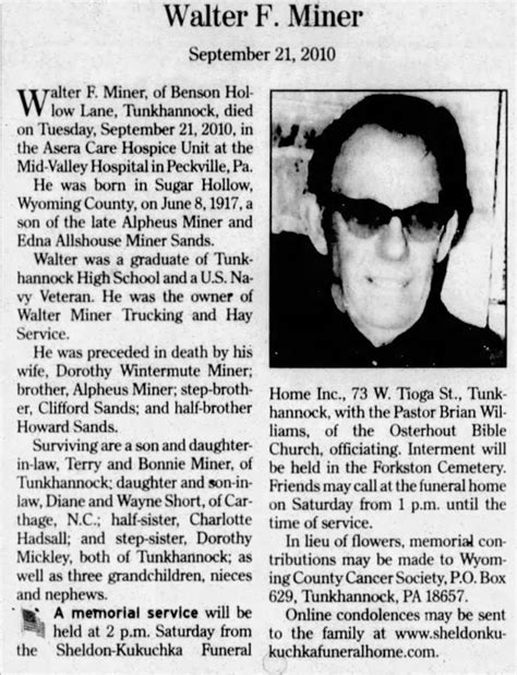 Obituary For Walter F Miner ™