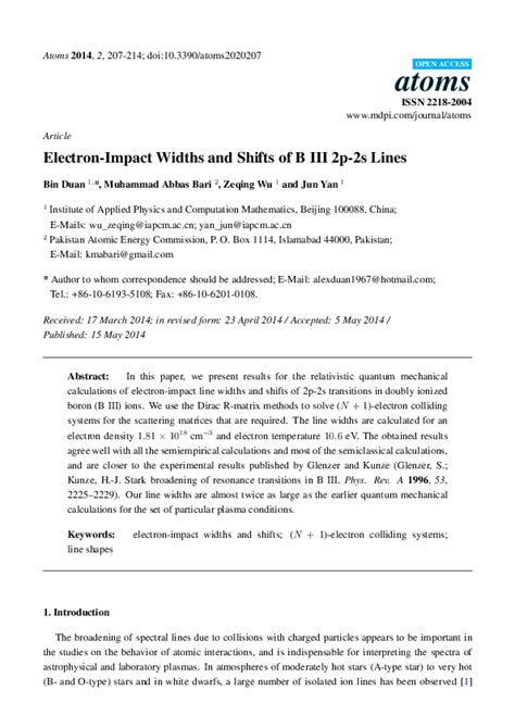 Pdf Article Electron Impact Widths And Shifts Of B Iii 2p 2s Lines