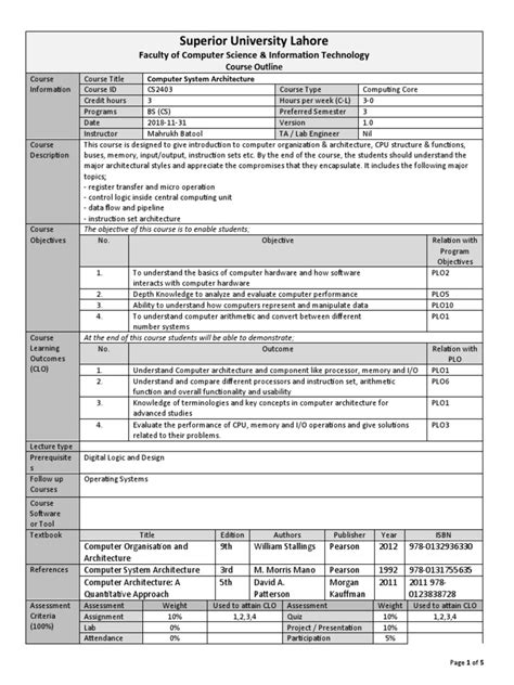 Computer System Architecture Cs It Se Obe Pdf