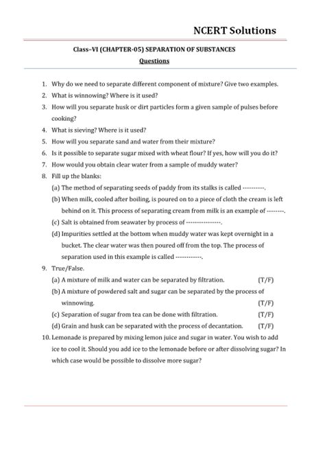 NCERT Solutions For Class 6 Science Chapter 5 Separation Of Substances