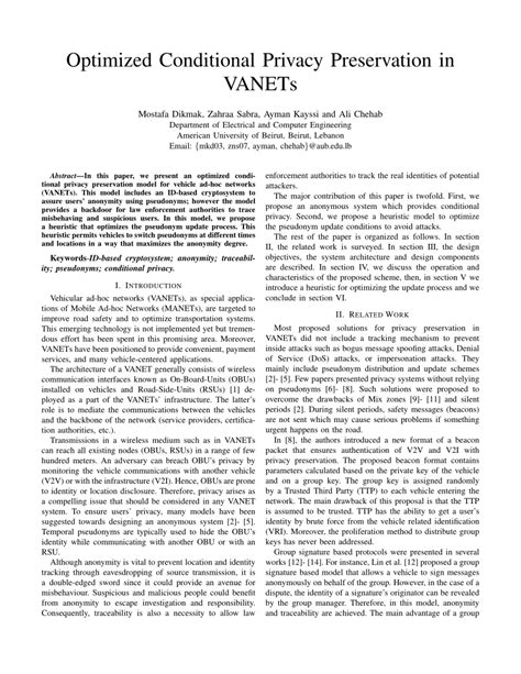 Pdf Optimized Conditional Privacy Preservation In Vanets
