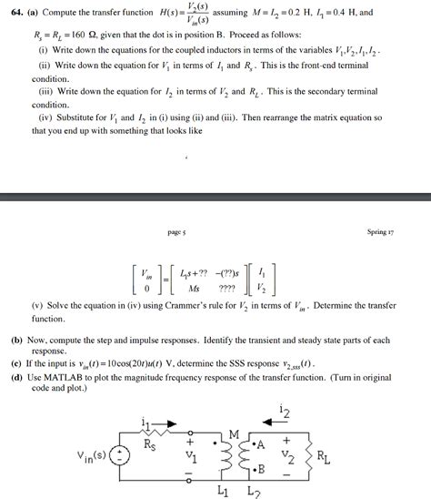 Solved A Compute The Transfer Function H S Chegg