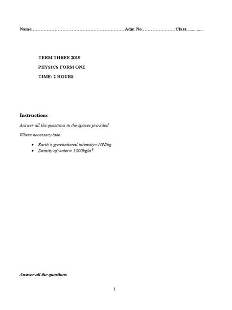 Physics F1 Term 3 Exam 2021 Pdf Pressure Density