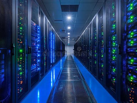Image Of A Well Lit Data Center Featuring Rows Of Operational Server Racks With Green Lights
