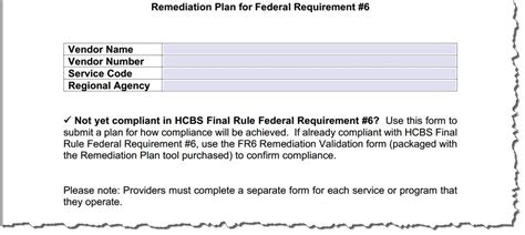 Remediation Plan Tool For HCBS Final Rule Federal Requirement 6 Residential Agreement HCBS
