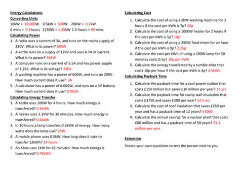 Energy Calculations Teaching Resources