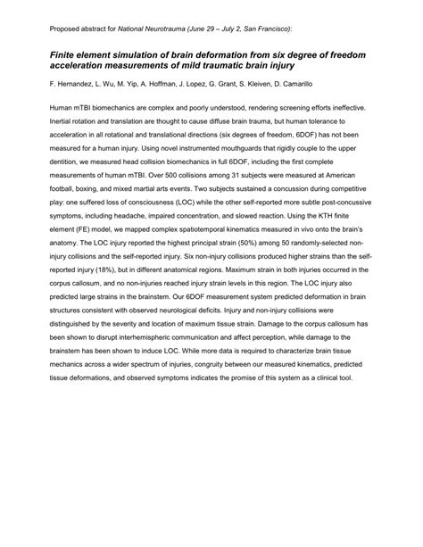 Pdf Finite Element Simulation Of Brain Deformation From Six Degree Of