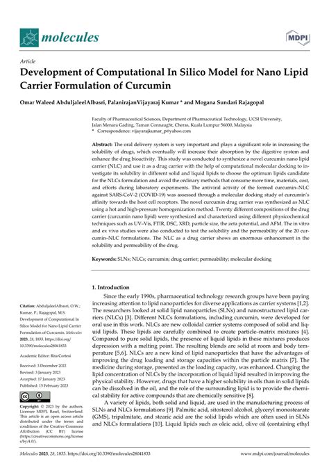 Pdf Development Of Computational In Silico Model For Nano Lipid Carrier Formulation Of Curcumin