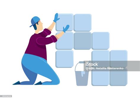 타일러 플랫 컬러 벡터 얼굴없는 문자 세라믹 타일을 설치하는 남자 집 개조에 남자 전문 핸디 워커 박격포에 그라우트 홈 수리 고립 된 만화 일러스트 일러스트레이션에 대한