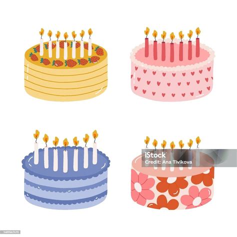 불타는 촛불이 있는 귀여운 생일 케이크 세트 축하 기념일 결혼식을위한 디저트 휴일 컵케이크의 양식화된 벡터 그림입니다