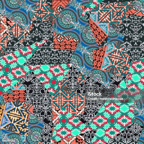 매끄러운 패턴 패치워크 스타일 스크랩북 엽서 린넨 카펫 양탄자 스카프 베개 인쇄 패턴 디자인에 사용할 수 있습니다 그런지 이미지 기법에 대한 스톡 벡터 아트 및 기타 이미지