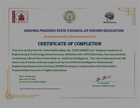 Pujitha Kota On Linkedin Aimers Internship Certificate Apsche