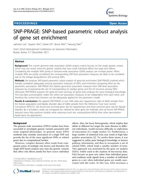 Pdf Snp Prage Snp Based Parametric Robust Analysis Of Gene Set