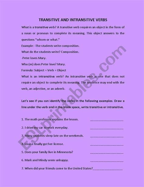 Transitive And Intransitive Verb Worksheet E Streetlight