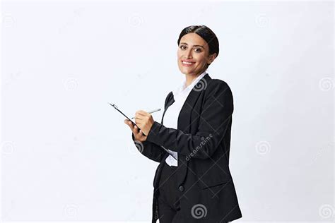 Business Woman Folder With Documents In Black Business Suit Shows Signals Gestures And Emotions