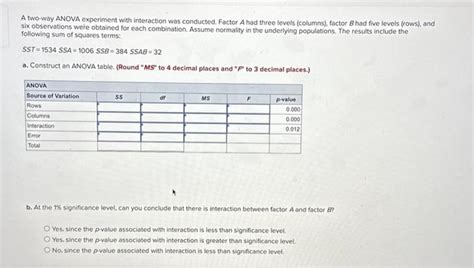 Solved A Two Way Anova Experiment With Interaction Was