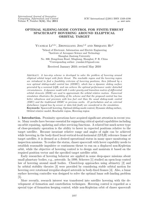 Pdf Optimal Sliding Mode Control For Finite Thrust Spacecraft