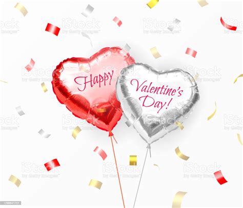 해피 발렌타인 데이 은색과 붉은 호일의 하트 모양헬륨 풍선과 날아다니는 색종이가 있는 축하 텍스트가 있습니다 사실적인 팽창 풍선