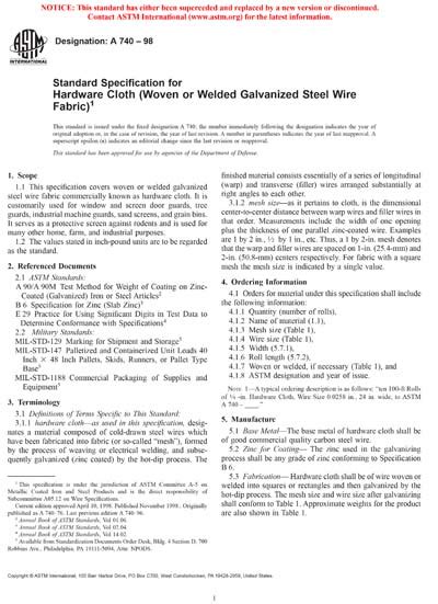 Astm A740 98 Standard Specification For Hardware Cloth Woven Or