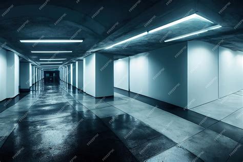 네온 사이버펑크 스타일의 현대적인 빈 미래형 방 현실적인 영화 조명 사이버 건물의 템플릿 레이아웃 흰색 기둥 3d 그림이 있는