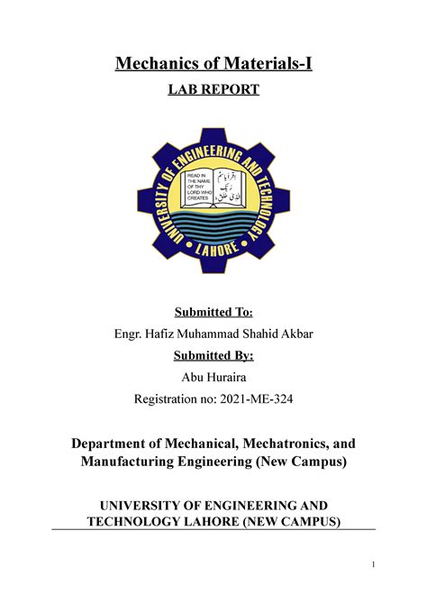 MECHANICS OF MATERIAL I LAB REPORT Mechanics Of Materials I LAB REPORT Submitted To Engr