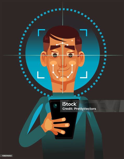 스마트폰 들고 고 얼굴 스캔 사용자 남자 문자입니다 생체 인식 얼굴 데이터 인증 식별 보호 기술 개념을 잠금 해제 건강관리와 의술에 대한 스톡 벡터 아트 및 기타 이미지