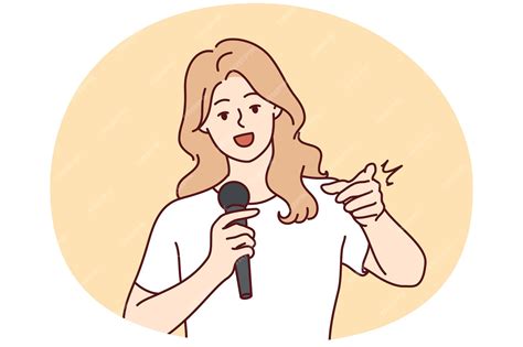 마이크를 들고 있는 여성이 스크린을 가리키고 미소 짓는 여성 스피커가 마이크를 들고 의사소통합니다 프리미엄 벡터