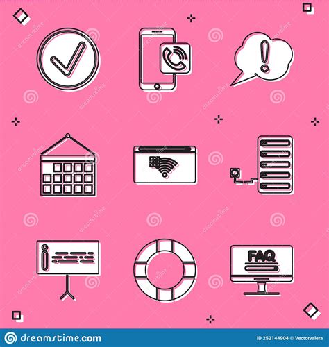 Set Check Mark In Circle Mobile Phone Call Speech Bubble Exclamation Calendar No Internet