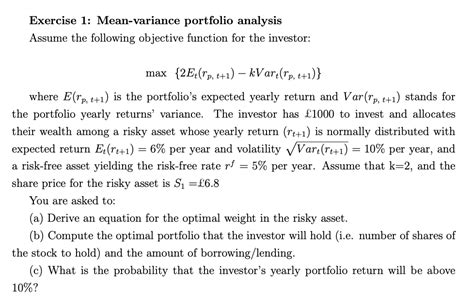Solved Exercise 1 Mean Variance Portfolio Analysis Assume