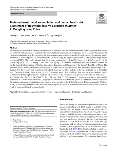 Pdf Biota Sediment Metal Accumulation And Human Health Risk Assessment Of Freshwater Bivalve