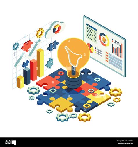 Isometric Lightbulb And Assembled Puzzle Pieces Symbolizing Creative Problem Solving Creative