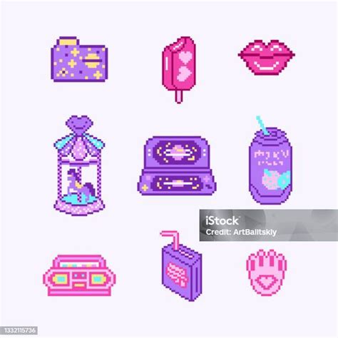 픽셀 아트 8 비트 개체 복고풍 디지털 게임 자산 핑크 패션 아이콘 세트 빈티지 가리 스티커 아케이드 컴퓨터 비디오 캐릭터 공룡 조랑말 무지개 8에 대한 스톡 벡터 아트 및