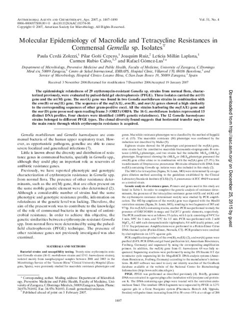 Pdf Molecular Epidemiology Of Macrolide And Tetracycline Resistances