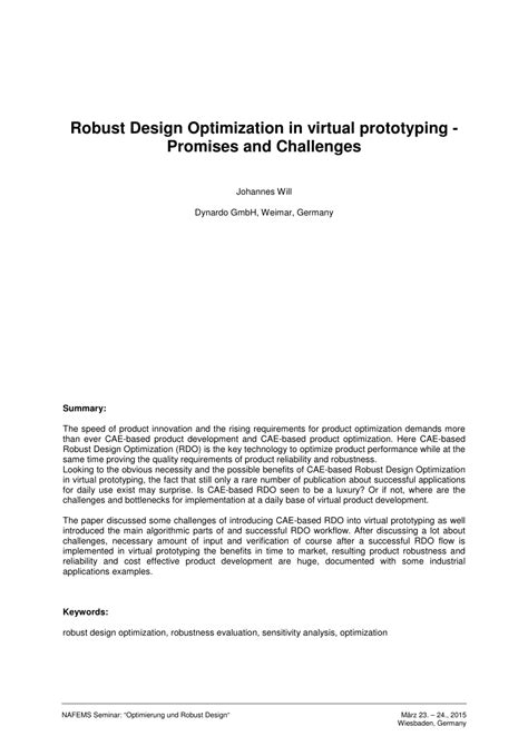 Pdf Robust Design Optimization In Virtual Prototyping Promises And
