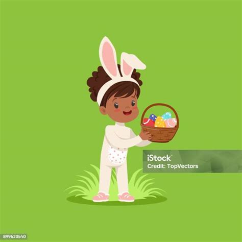 토끼 귀와 토끼 의상 바구니 가득 그려진된 달걀 부활절 달걀 사냥 벡터 일러스트 레이 션에 재미 아이와 서 아름 다운 소녀 Film Festival에 대한 스톡 벡터 아트