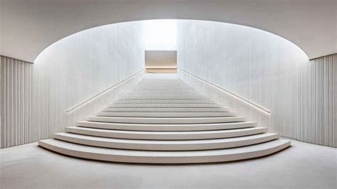 Minimalist White Museum Interior With Circular Stairs And Curved Concrete Walls Stock