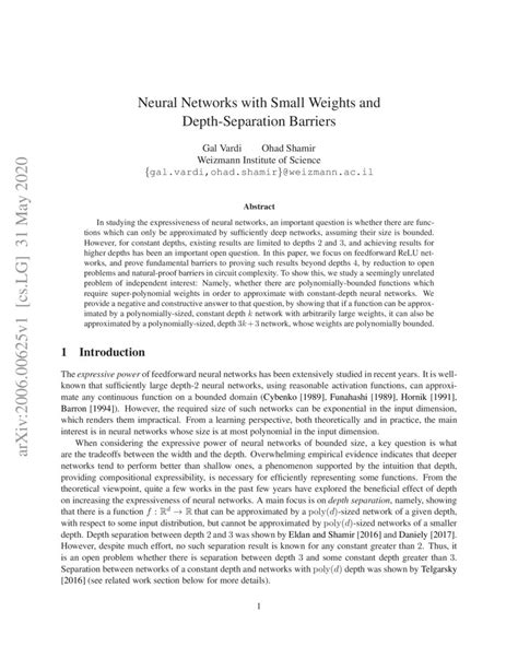 Neural Networks With Small Weights And Depth Separation Barriers Deepai
